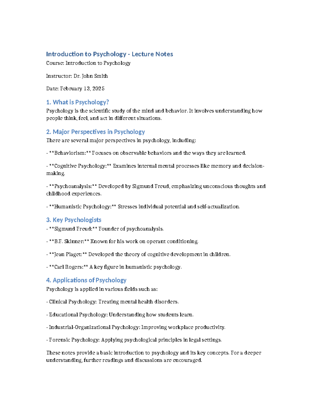 Introduction to Psychology Lecture Notes - Introduction to Psychology ...