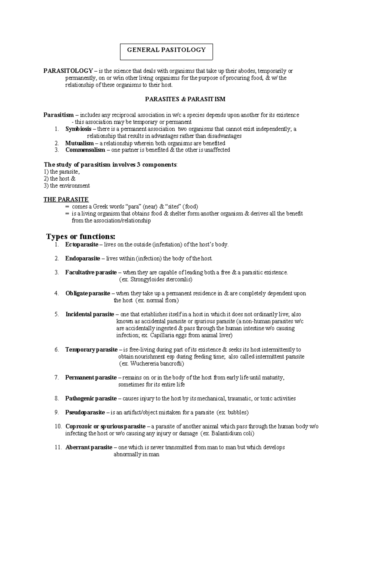Overview of Parasites Advance Reading Notes - PARASITOLOGY – is the ...
