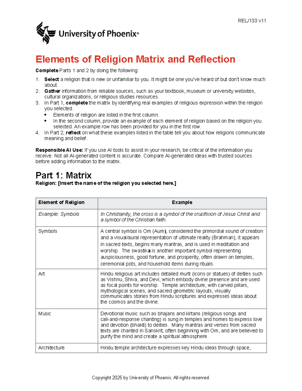 Rel133 v11 Week 1 Elements of Religion Matrix & Reflection - Studocu