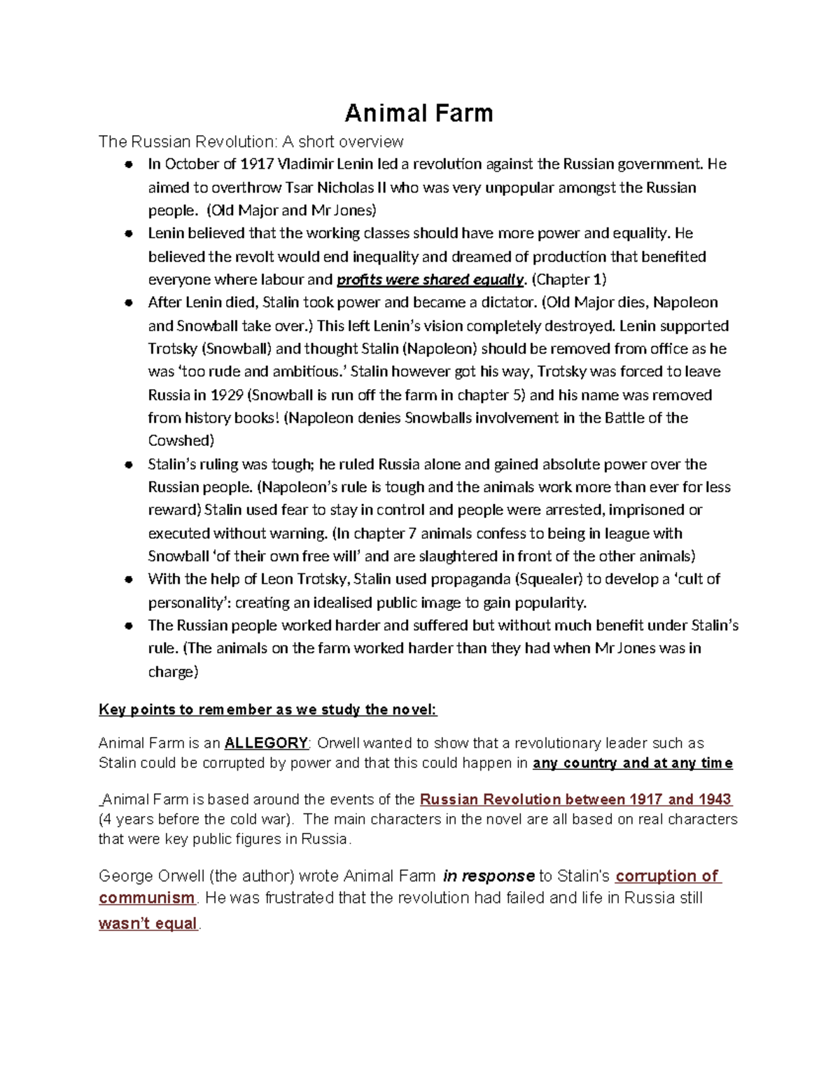 Animal Farm (ENG 101): Overview of the Russian Revolution and Key ...