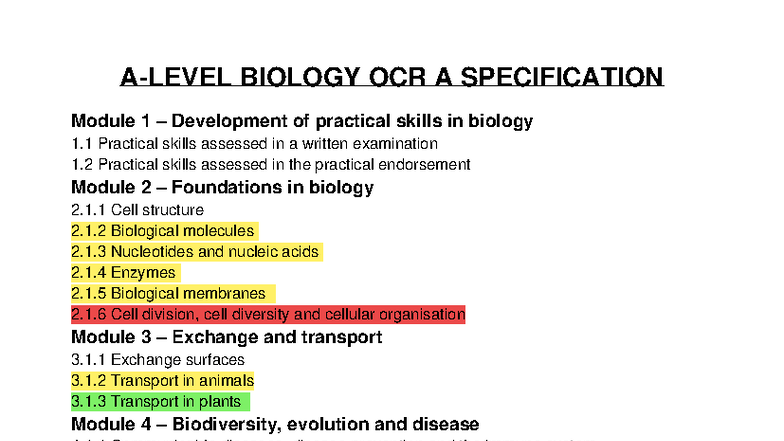 BIOLOGY OCR A Module Overview and Practical Skills Checklist - Studocu