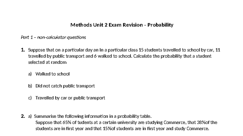 Methods Unit 2 Exam Revision: Probability Concepts & Problems - Studocu