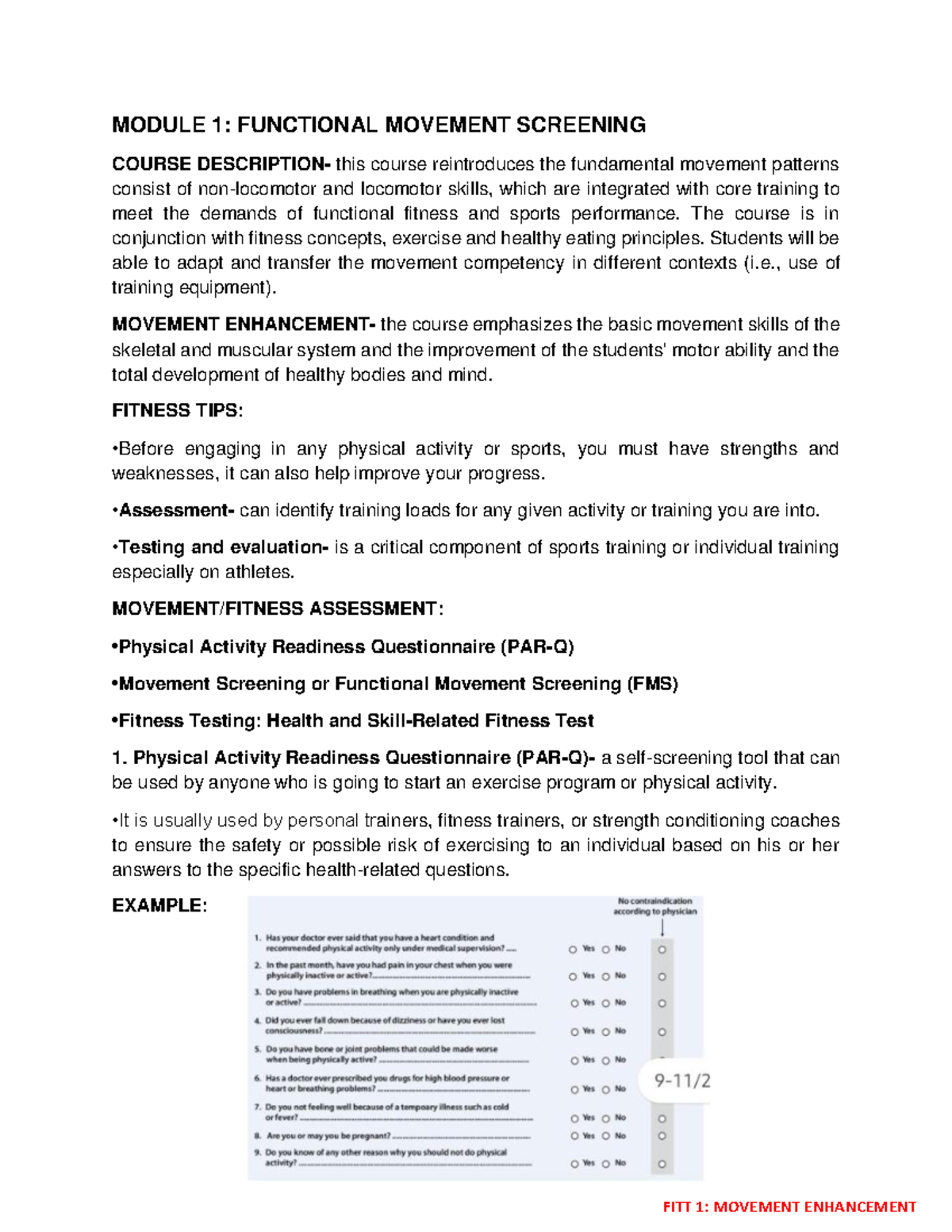 FITT 1: Movement Enhancement Course Overview and Key Concepts - Studocu