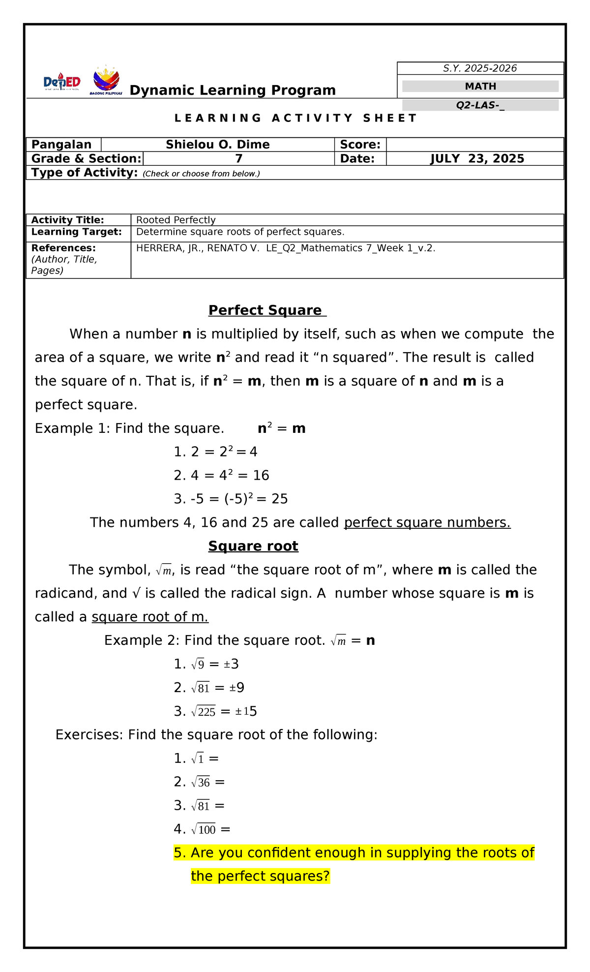 MATH 7 Learning Activity: Perfect Squares and Square Roots - Studocu