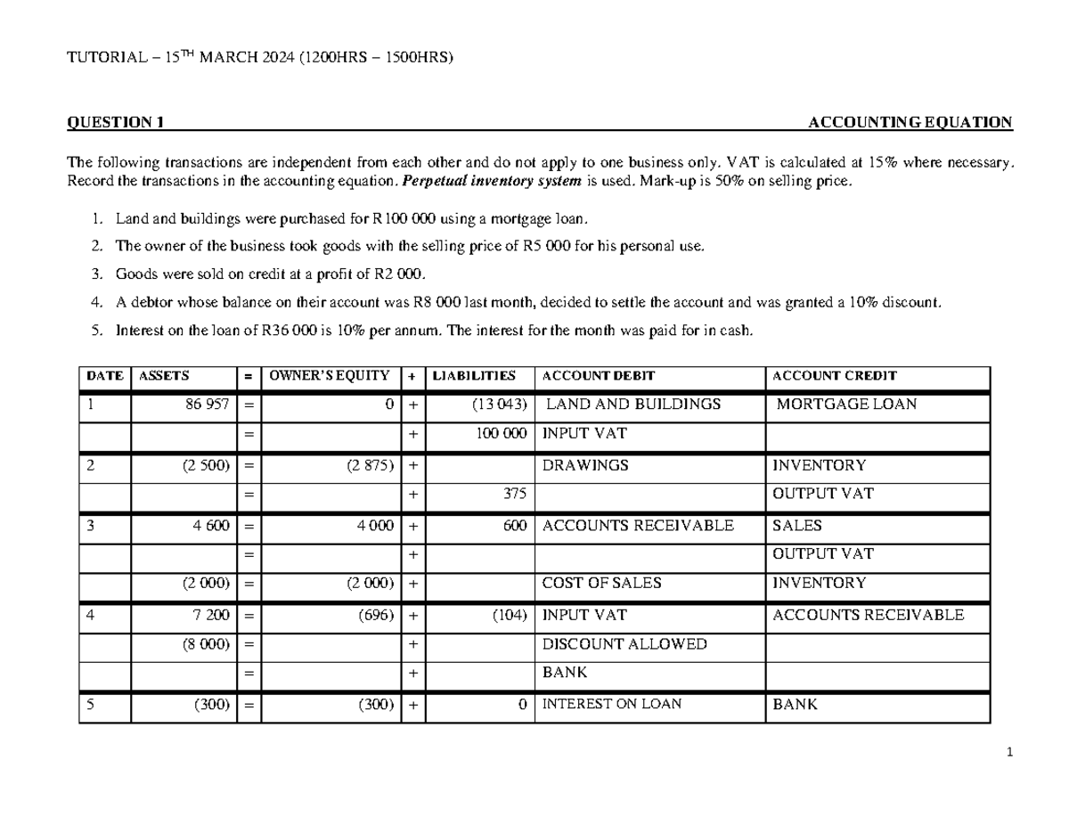 Tutorial - Financial Accounting 1: Accounting Equation Exercises (15 ...