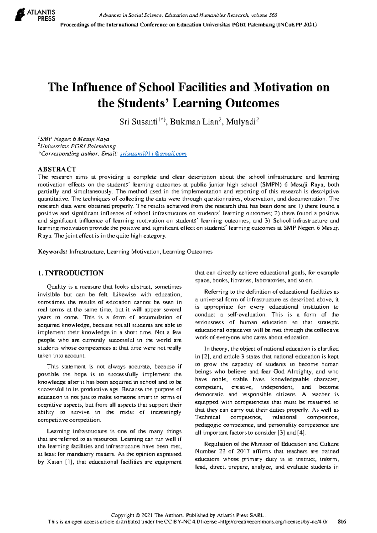 The Influence of School Facilities and Learning Motivation on Outcomes ...