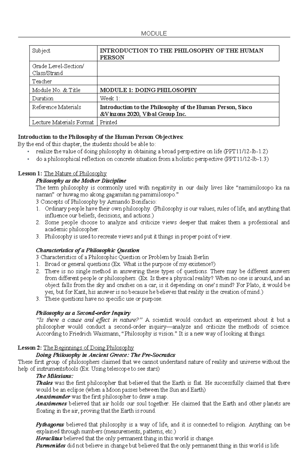 Philosophy Module 1 - MODULE Subject INTRODUCTION TO THE PHILOSOPHY OF ...