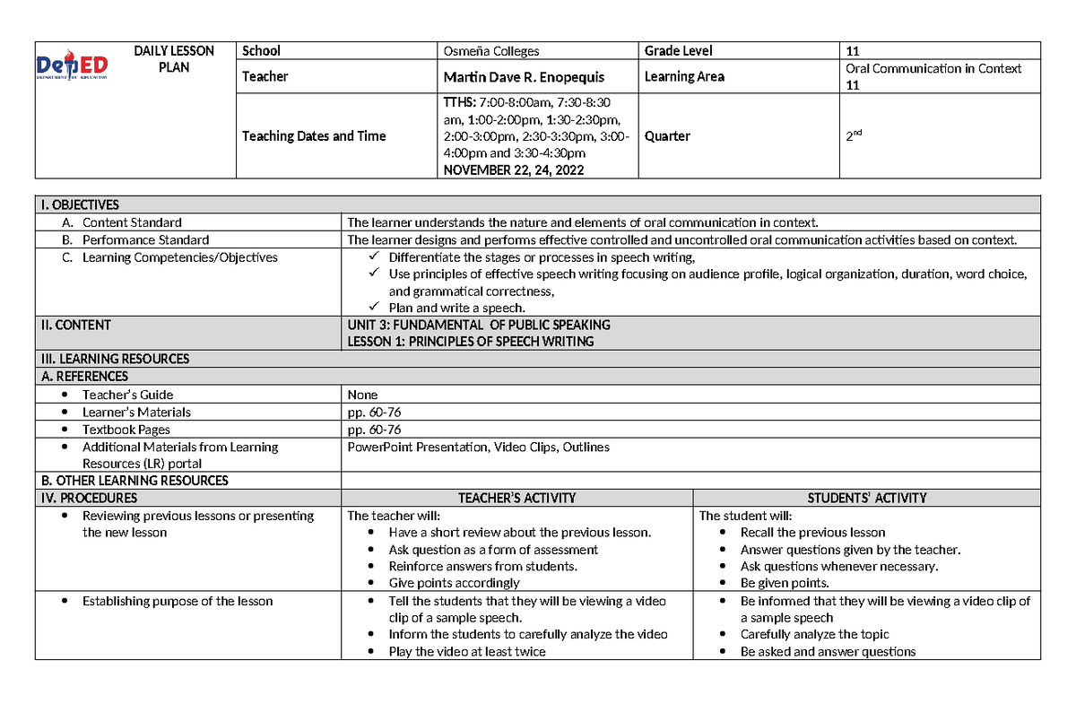 DLP - Lesson Plan on Principles of Speech Writing for Grade 11 - Studocu