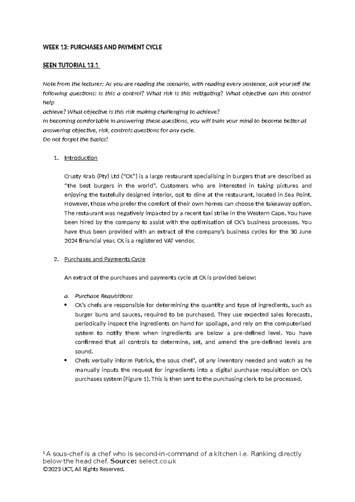 WEEK 13: Purchases & Payments Cycle Analysis - ACC2018H - Studocu