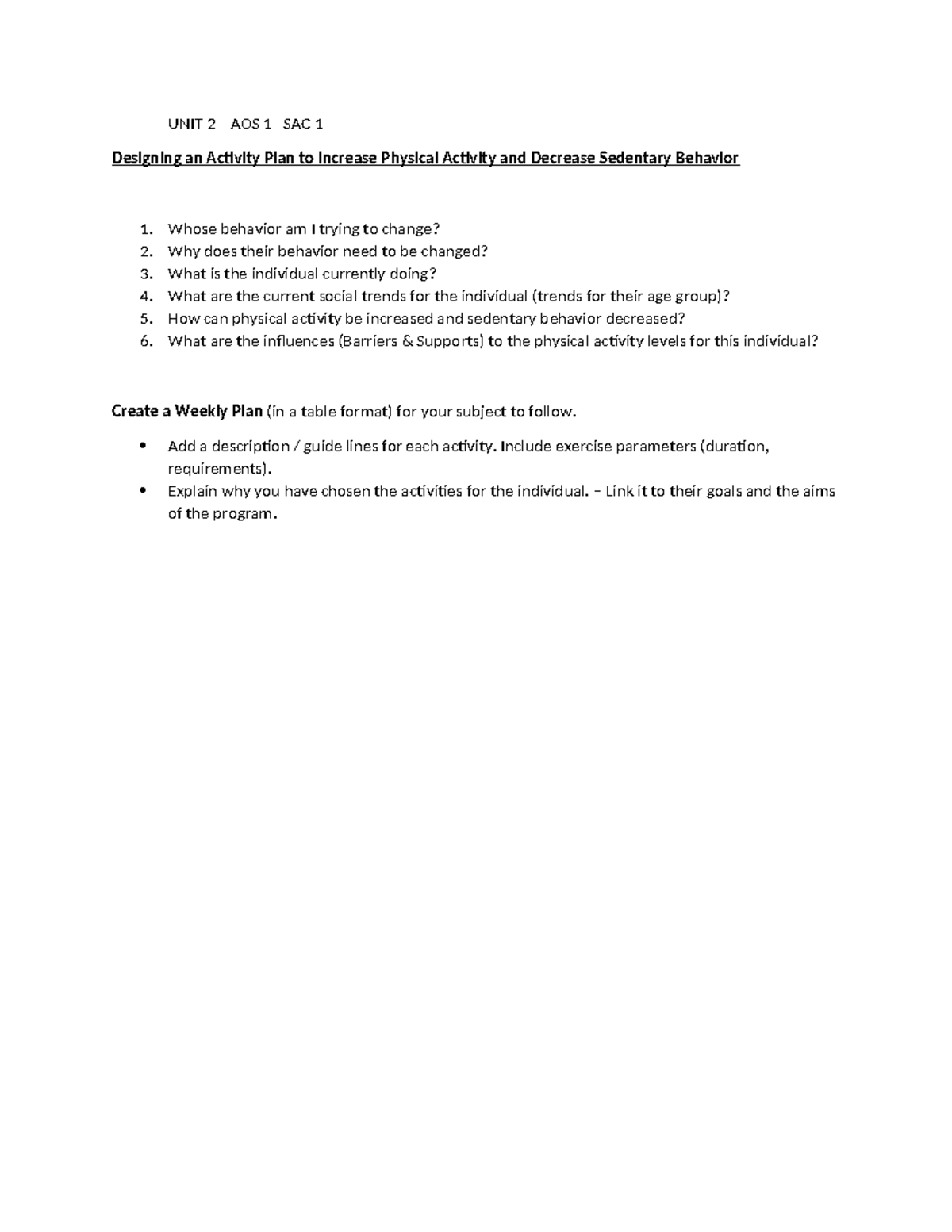 UNIT 2 AOS 1 SAC 1 - Designing an Activity Plan for Physical Activity ...