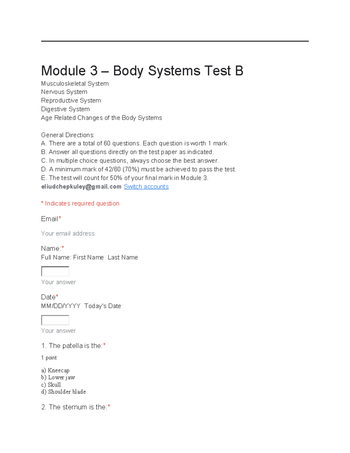 Module 3 Body Systems Test B - Exam Guide and Directions - Studocu