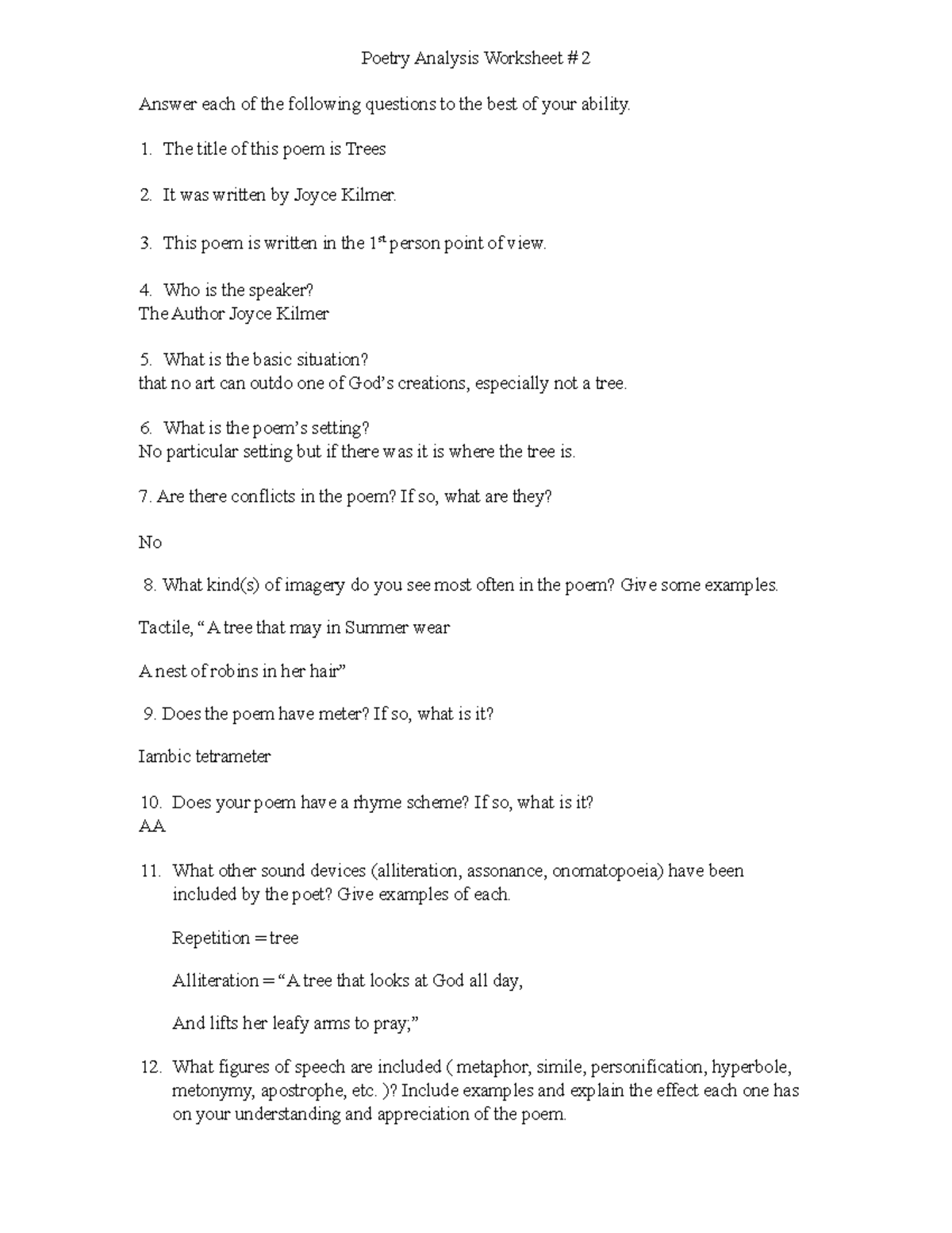 Poetry Analysis Worksheet: Trees by Joyce Kilmer (Worksheet #2) - Studocu