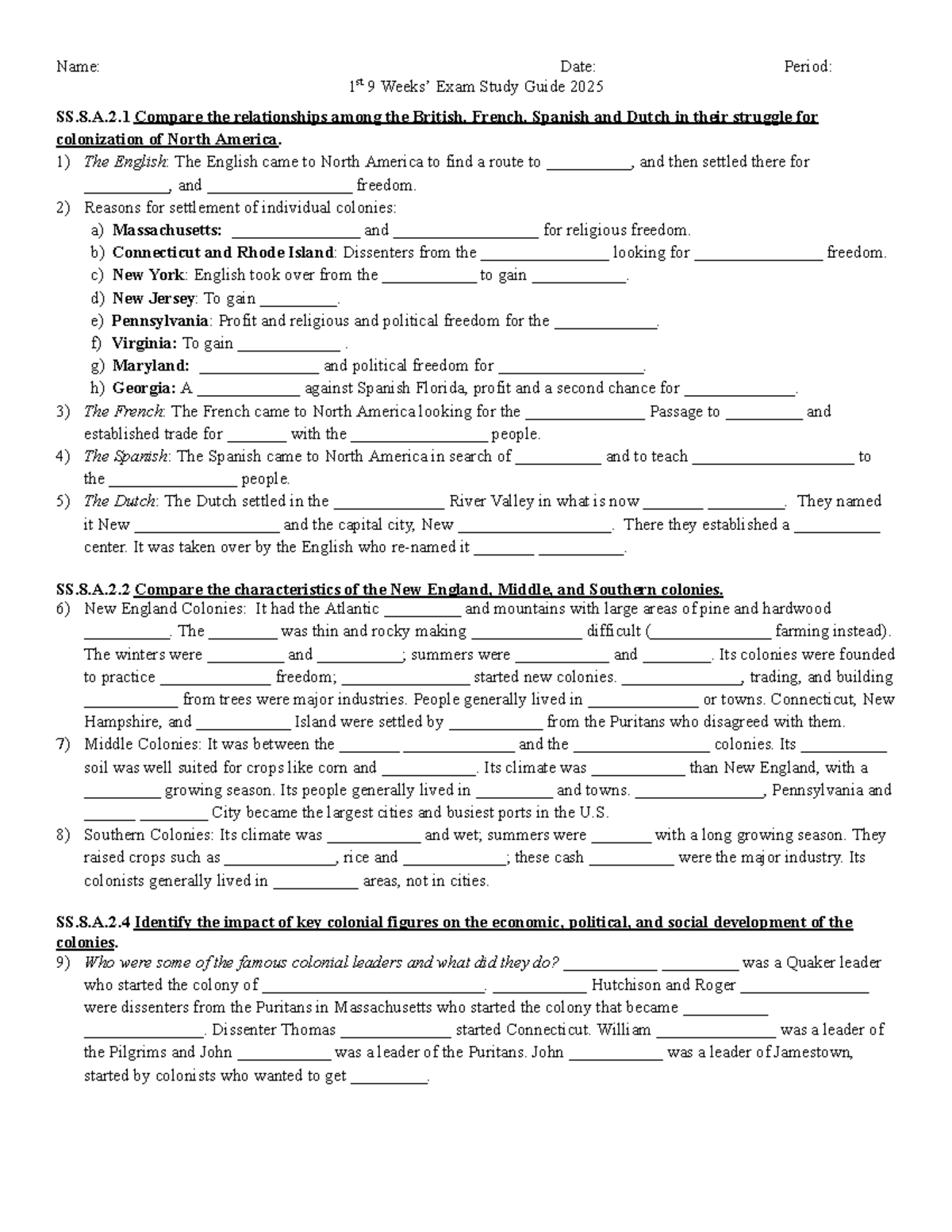 1st 9 Weeks Exam Study Guide 2025 - SS.8.A.2.1 to SS.8.A.2.7 - Studocu