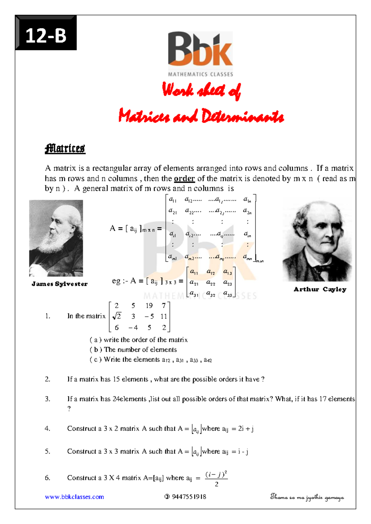 12-worksheet of matrics and determinants - Work sheet of Matrices and ...