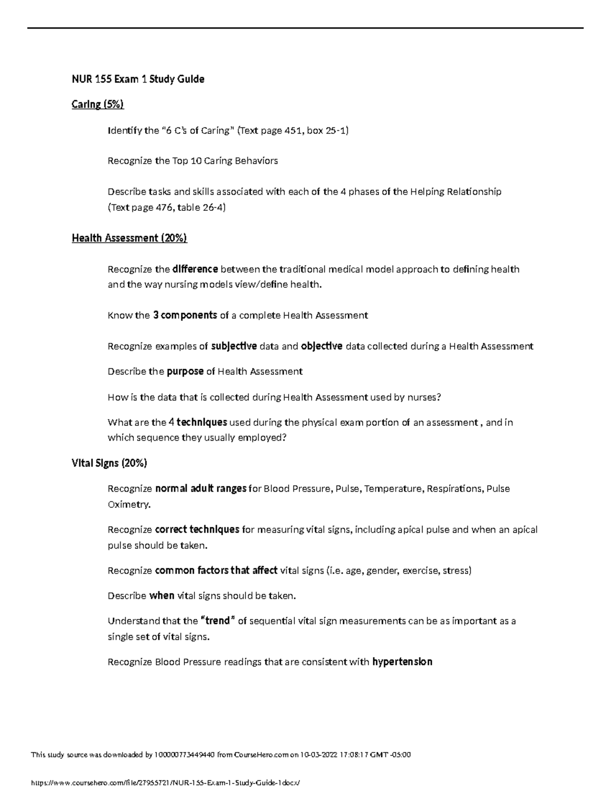 NUR 155 Exam 1 Study Guide 1 - NUR 155 Exam 1 Study GuideCaring (5% ...