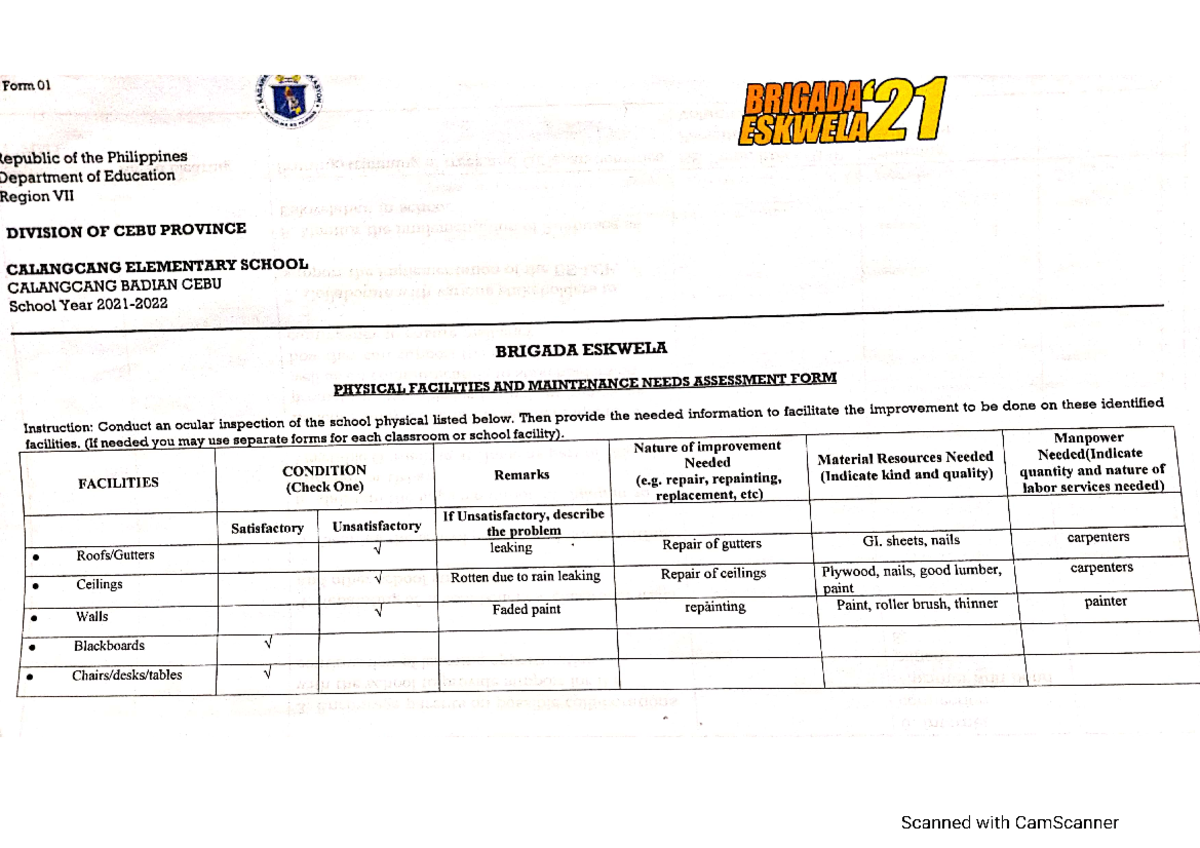 BE Form-1: Brigada Eskwela Physical Facilities Assessment - Studocu