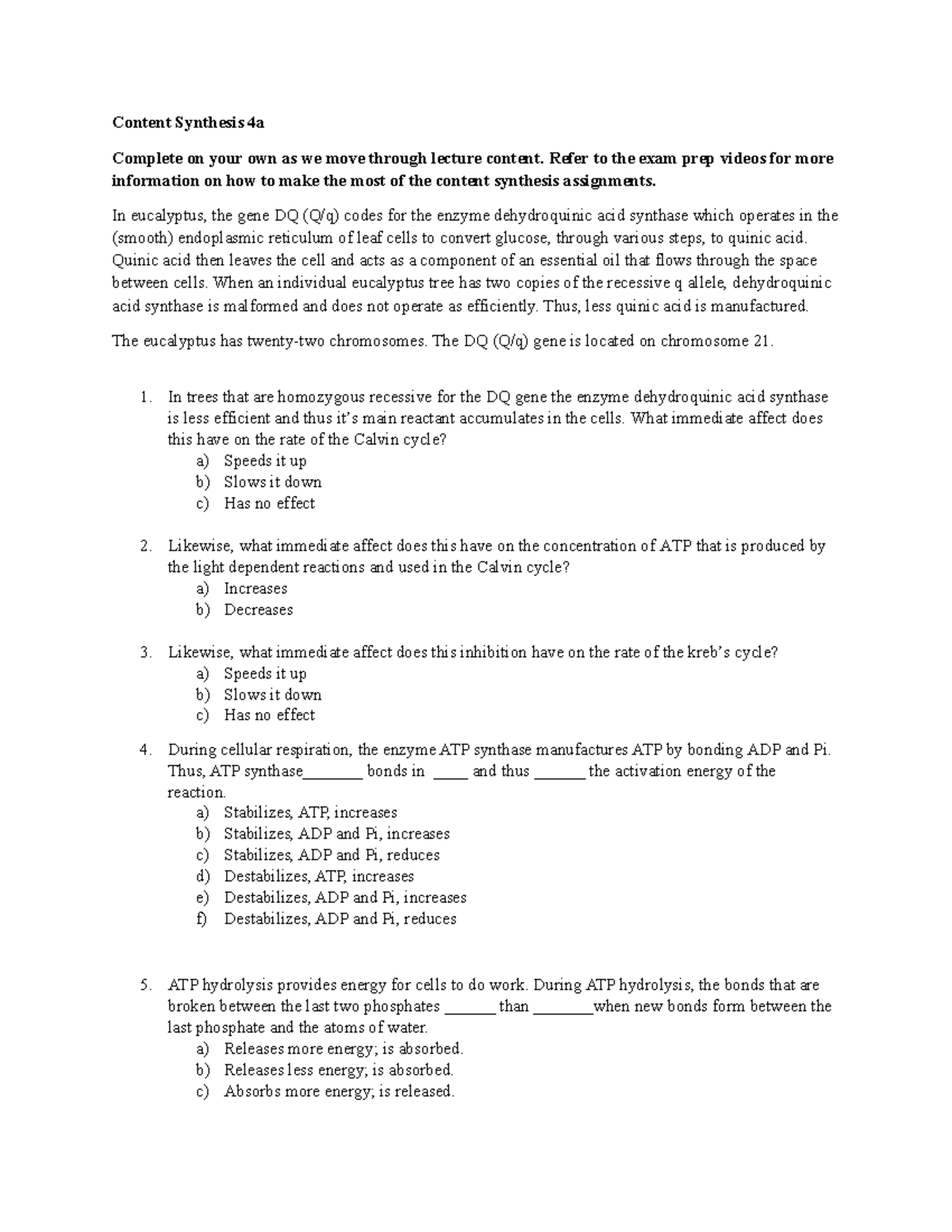 Eucalyptus Gene DQ & Calvin Cycle Impact - Content Synthesis 4a - Studocu