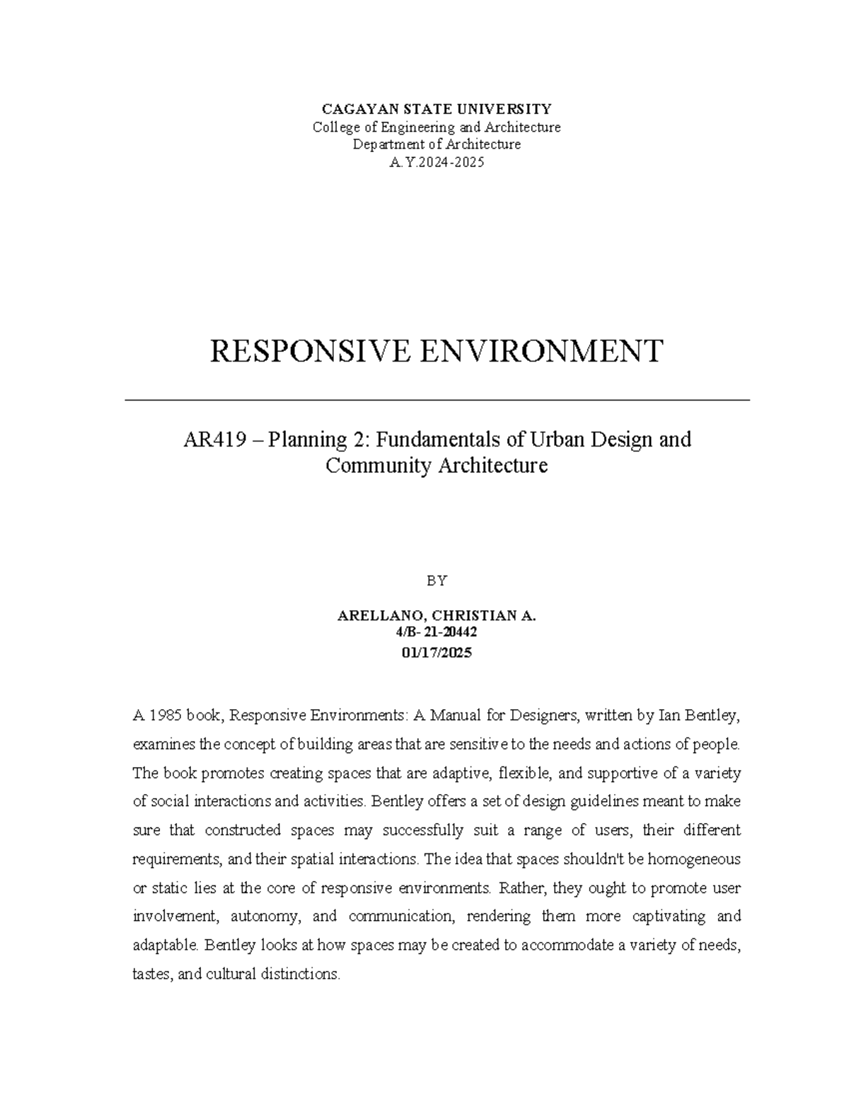 Responsive Environments: Insights from Ian Bentley (AR4 19) - Studocu