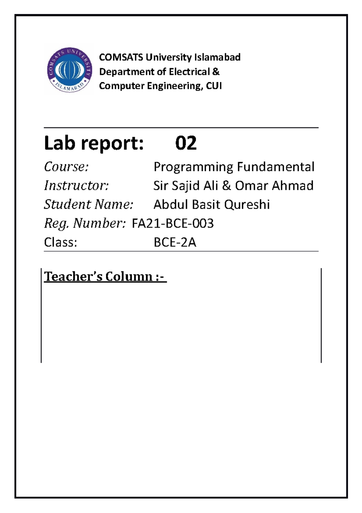 Lab Report 2: Algorithm Development for Grid Filling in PF (FA21-BCE ...