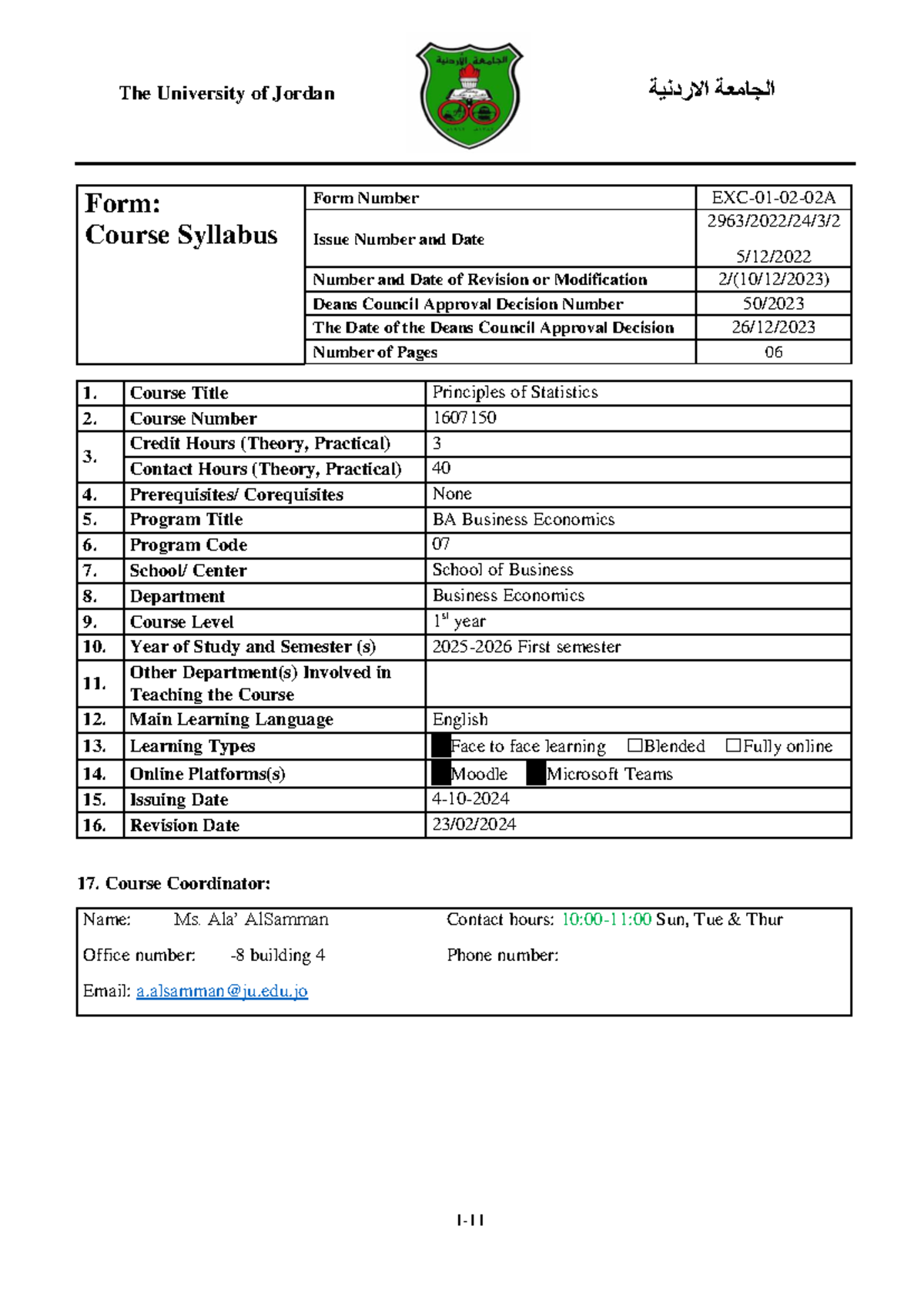 syllabus for business statistics - Form Number EXC- 01 - 02 - 02A Form ...