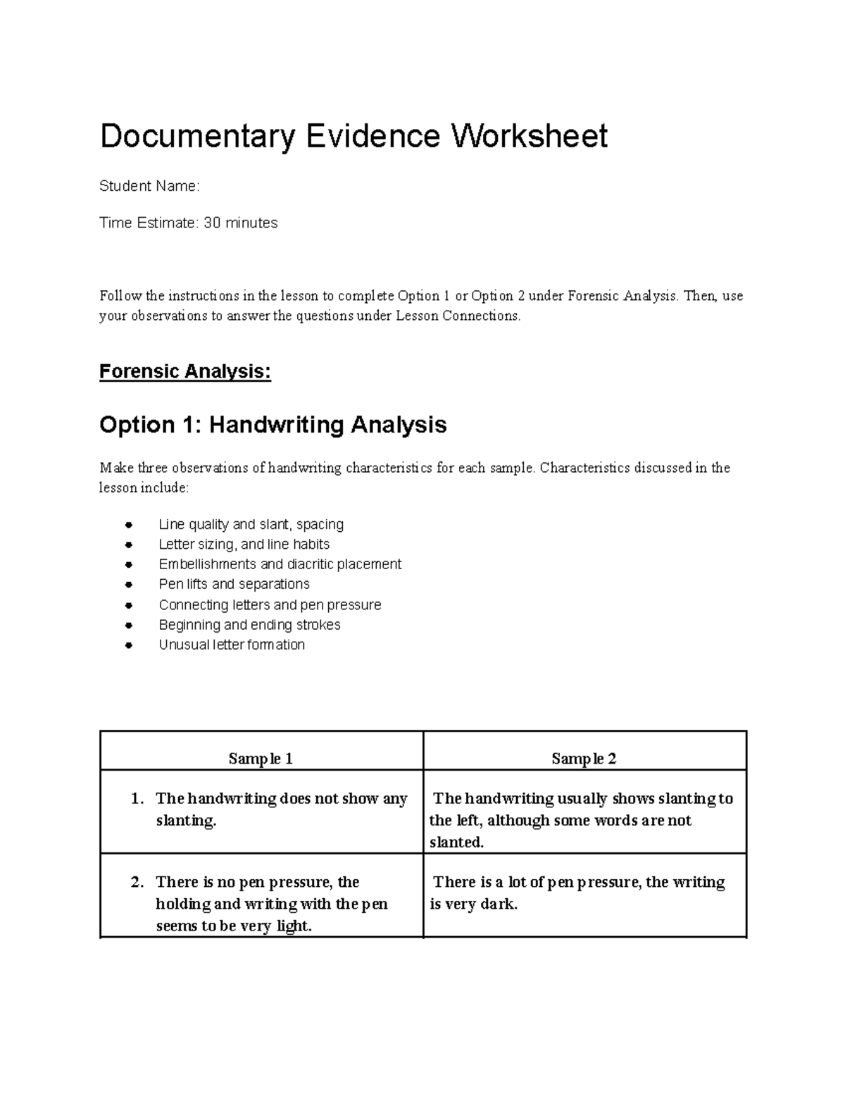 Forensic Analysis Worksheet: Handwriting Analysis (1.04) - Studocu