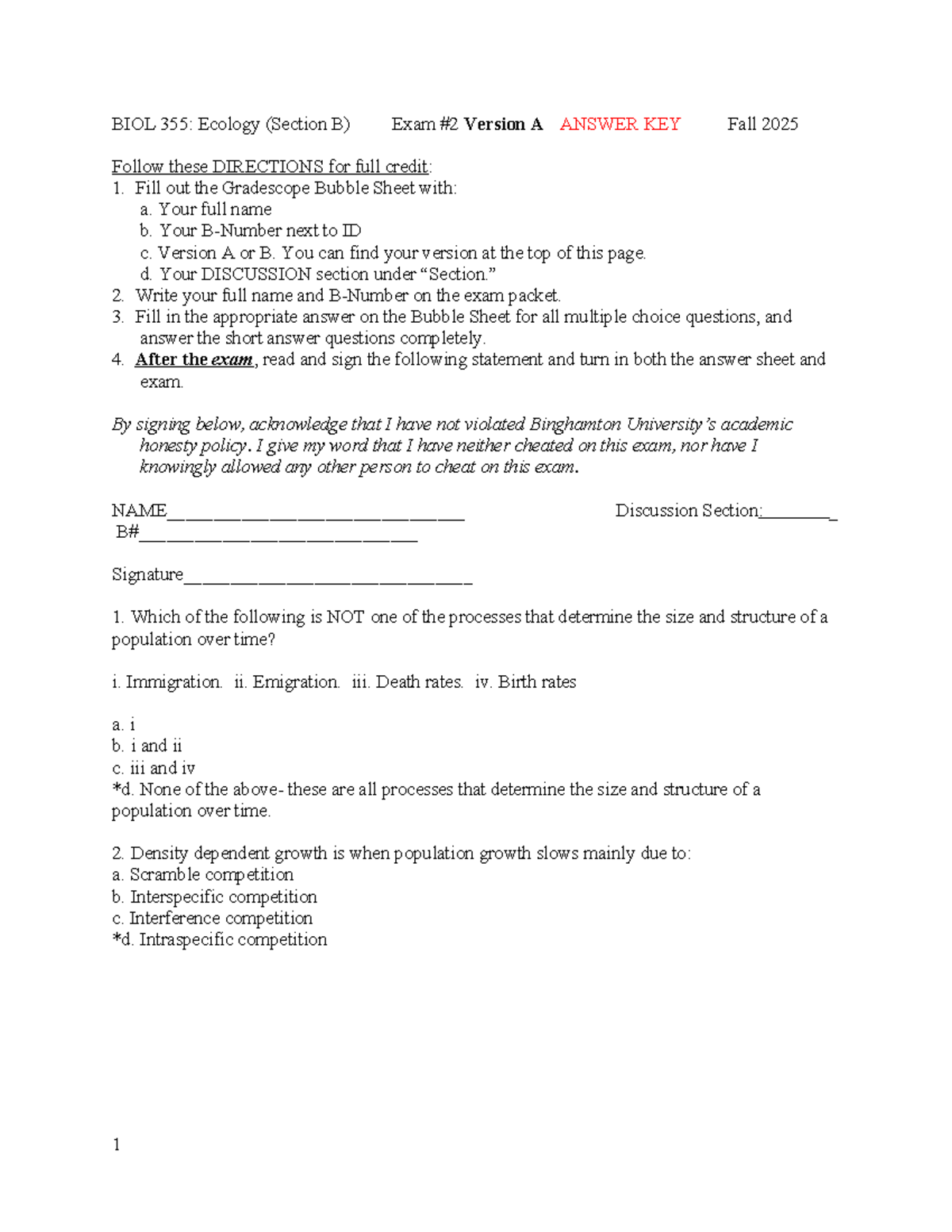 BIOL 355: Ecology Exam Version A Answer Key Fall 2025 - Studocu