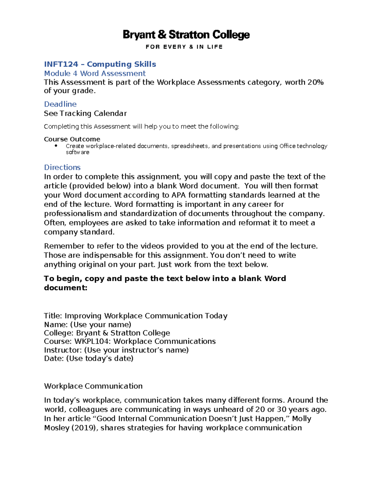 INFT124 - Module 4 Word Assessment: Effective Workplace Communication ...