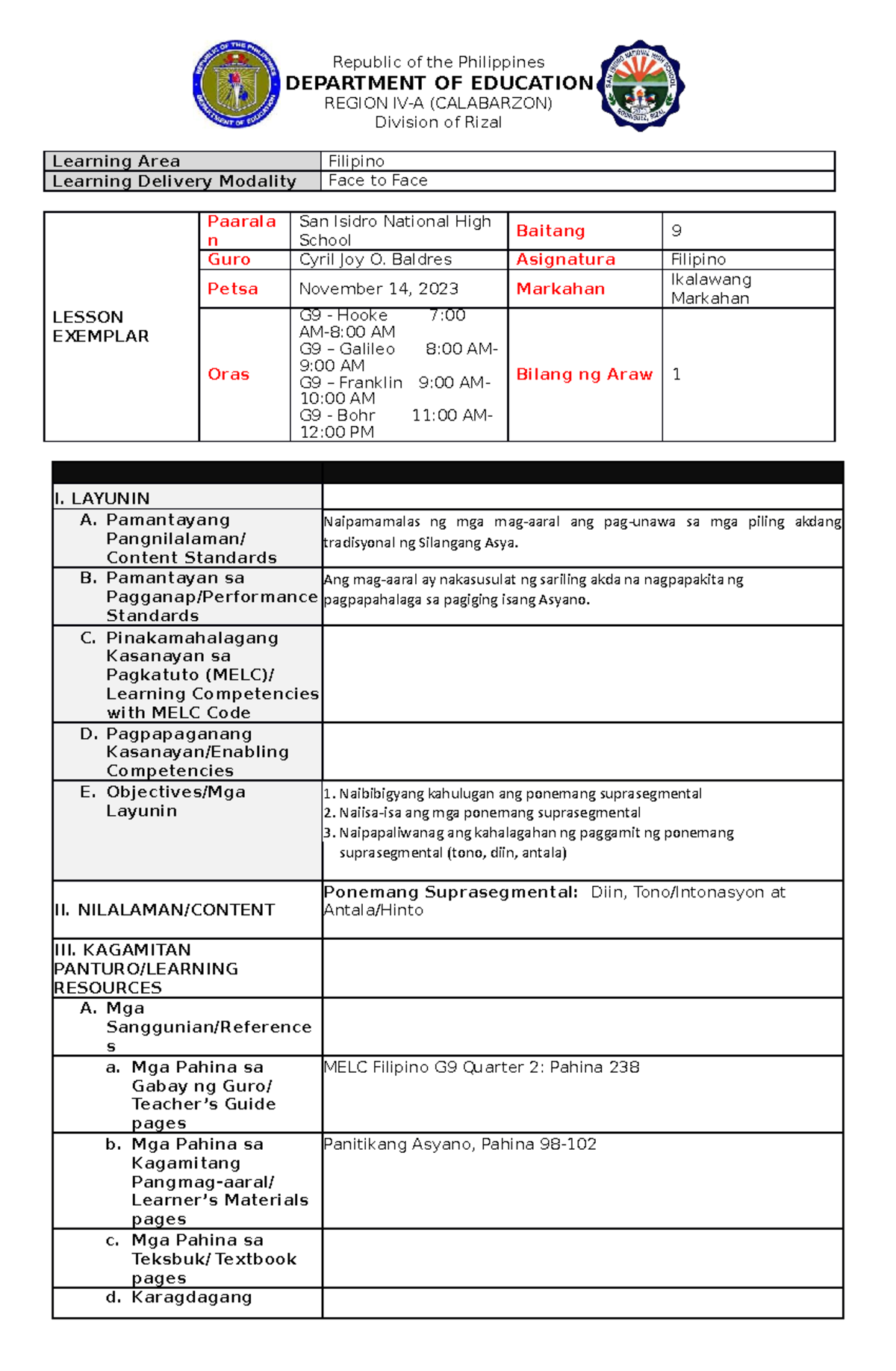 LP-Ponemang Suprasegmental: Lesson Plan for G9 Filipino Class - Studocu