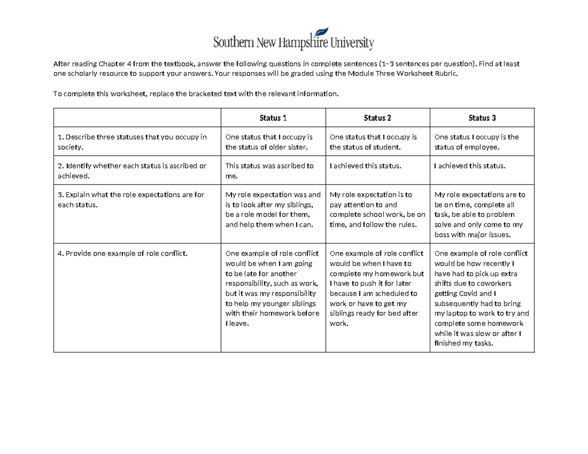 SOC 112 Module 3 Worksheet: Statuses, Role Expectations, and Conflicts ...