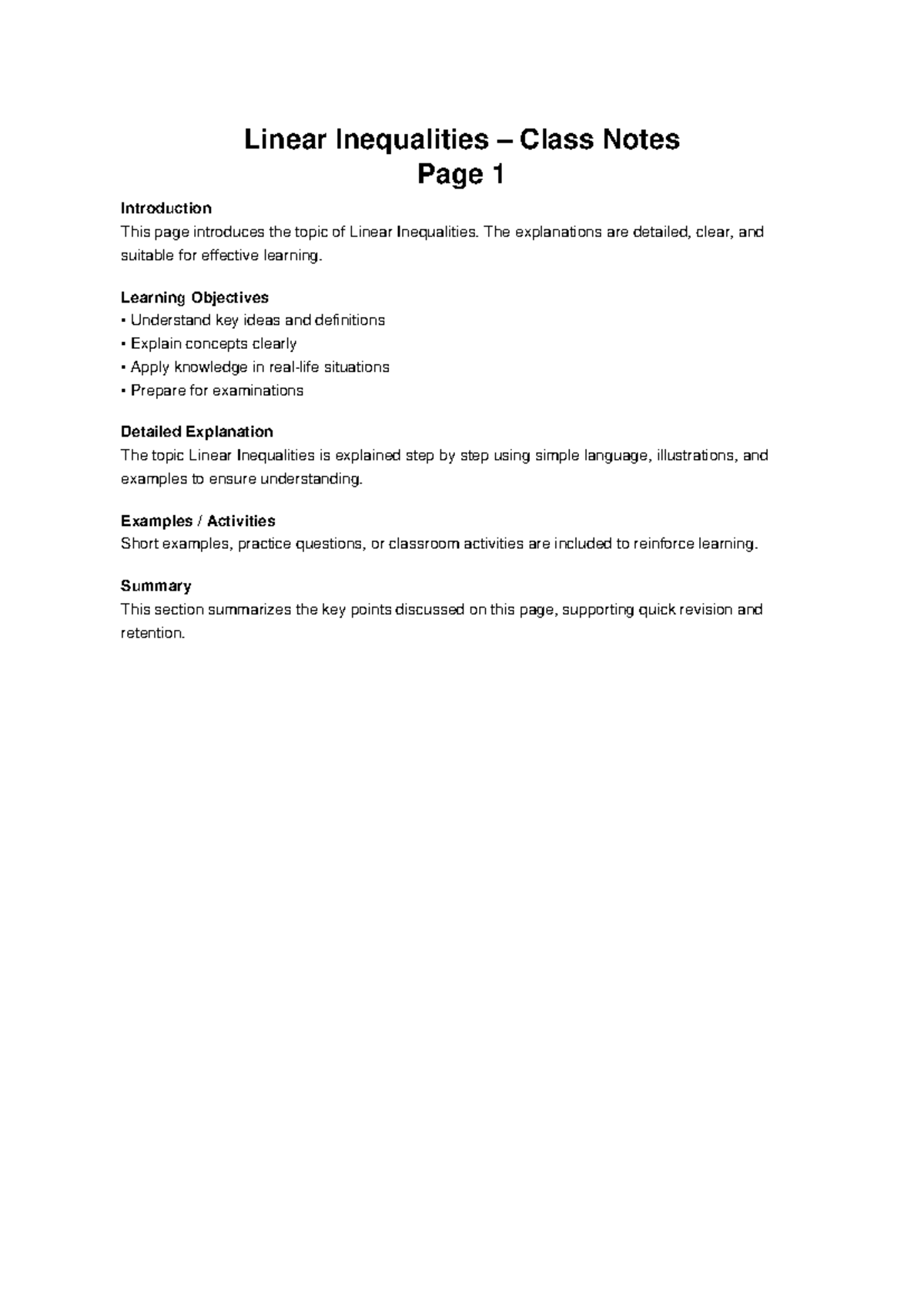 06 Linear Inequalities Class Notes: Detailed Learning Guide - Studocu