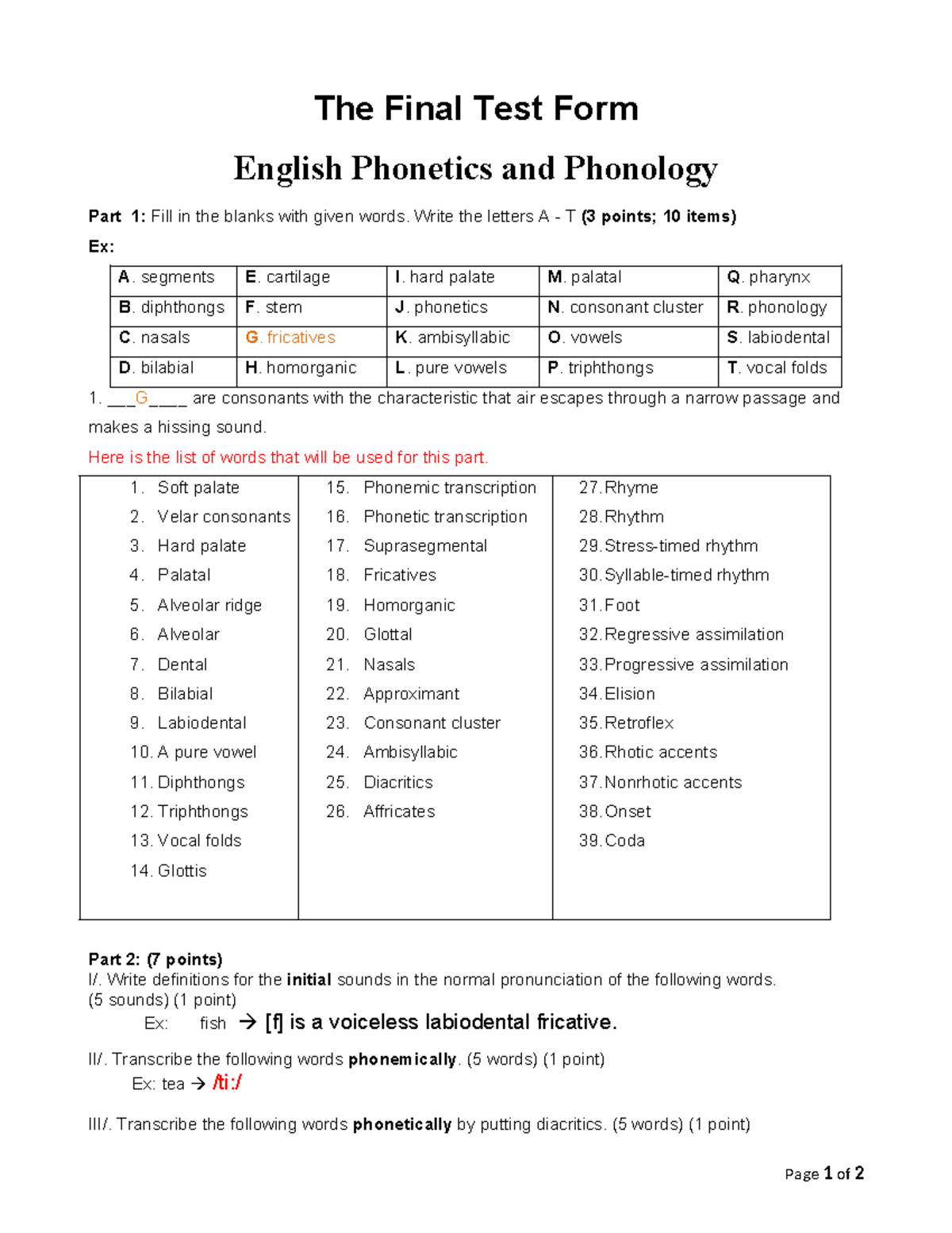 Final Exam: English Phonetics & Phonology (Part 1) - Fill in the Blanks ...