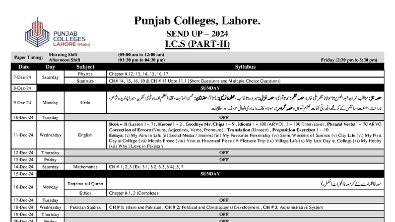 (ICS) Syllabus Plan (Part - II) Send Up 2024 - Punjab Colleges, Lahore. SEND UP − 2024 I.C (PART ...