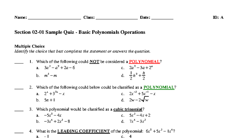 02-01-Sample Quiz: Basic Polynomial Operations - Studocu