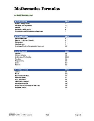 Mathematics Advanced, Extension 1 and Extension 2 Reference Sheet - – 1 ...