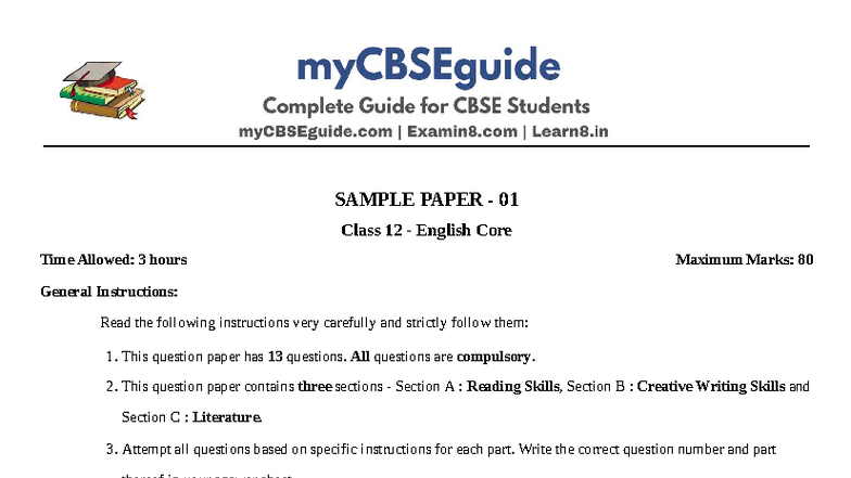 Class 12 English Core Sample Paper 01 - Comprehensive Practice Test ...