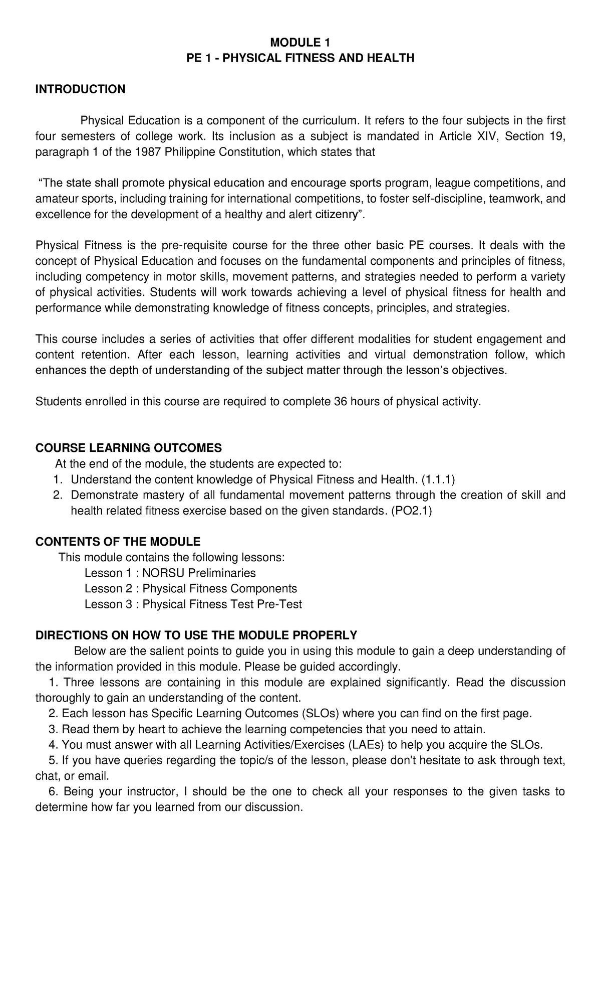 PE 1 module 1 - physical education - MODULE 1 PE 1 - PHYSICAL FITNESS AND HEALTH INTRODUCTION ...