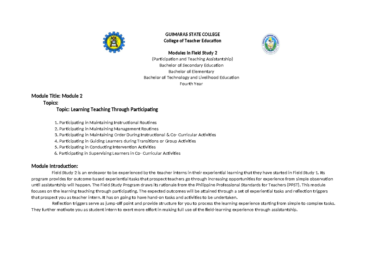 Field Study 2: Module 2 - Learning Through Participation in Teaching ...