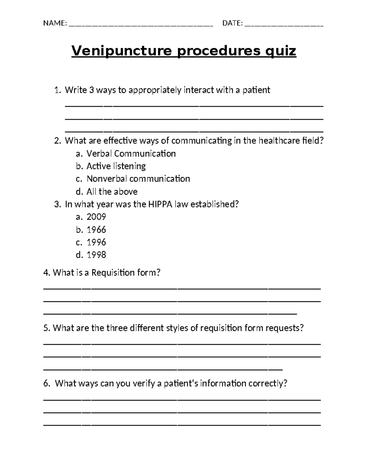 Venipuncture Procedures Quiz (Course Code: VPT 101) - Studocu