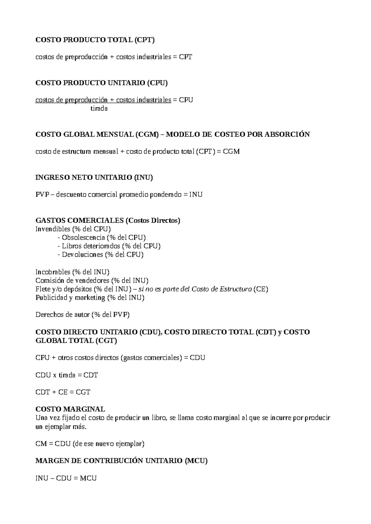 COSTO PRODUCTO TOTAL (CPT) y Fórmulas de Costeo AEE - Studocu