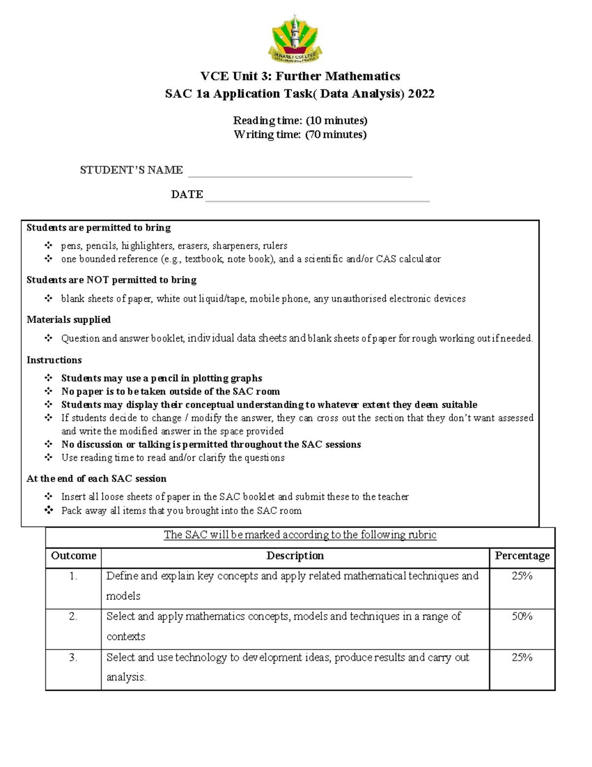 VCE Unit 3: Further Mathematics SAC 1a, 1b & 1c Data Analysis 2022 ...