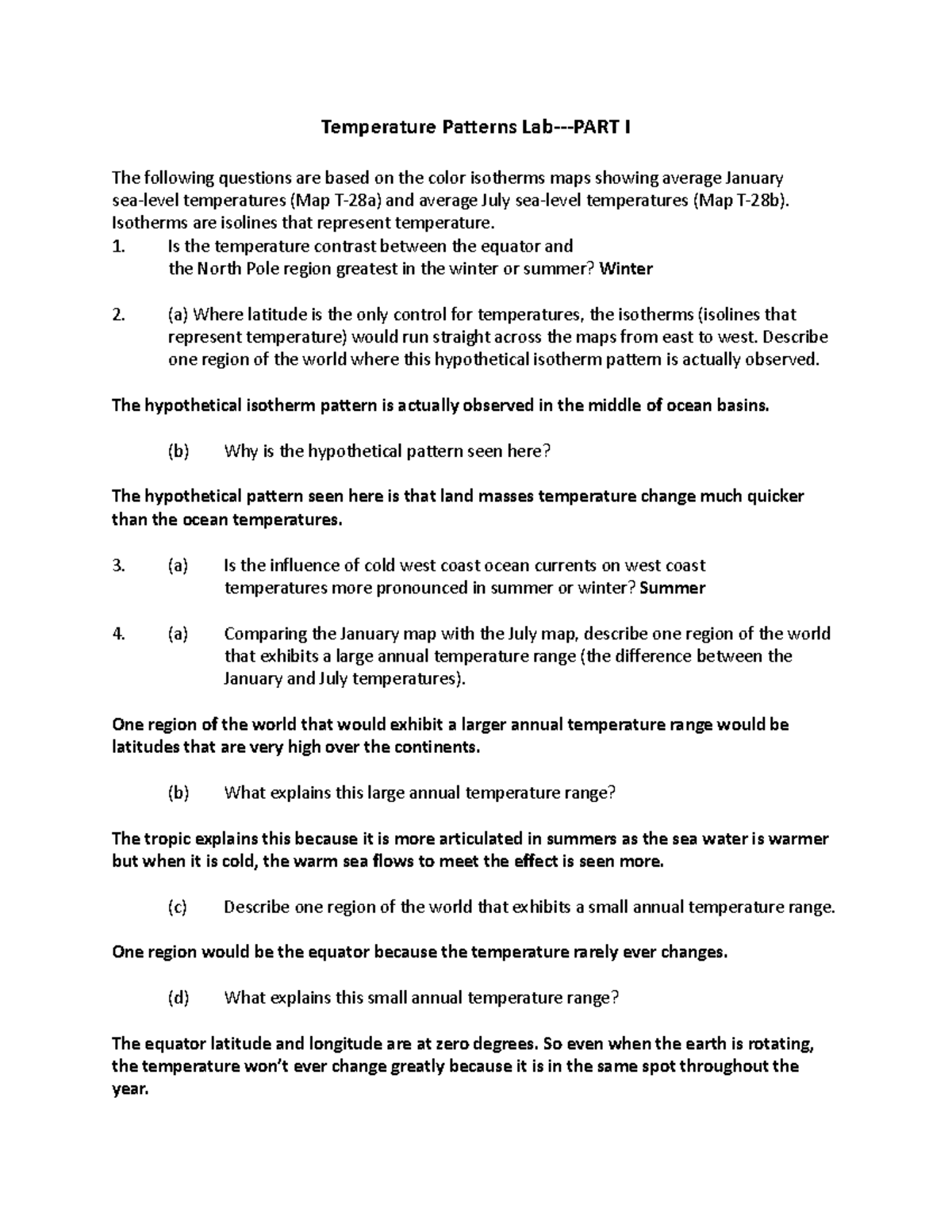 Temperature Patterns Lab - Temperature Patterns Lab-PART I The following questions are based on ...
