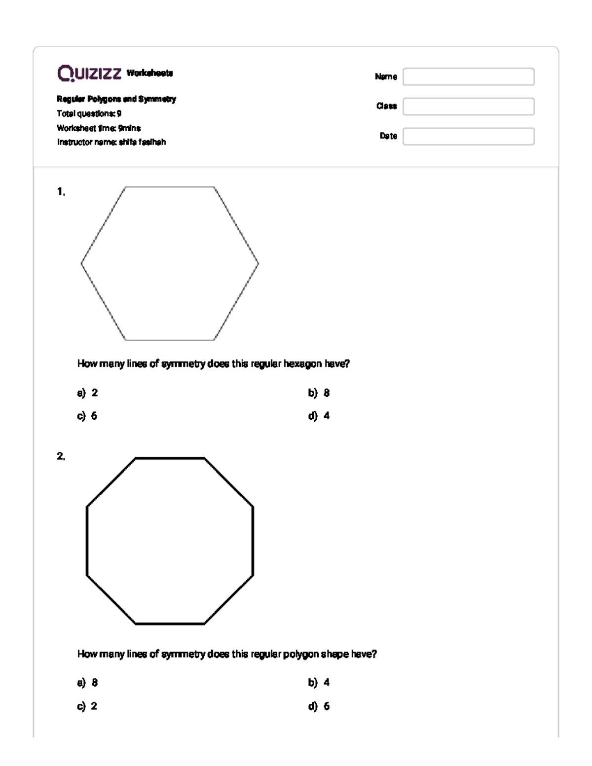 Regular Polygons and Symmetry Quizizz Worksheet (Total: 9 Qs) - Studocu