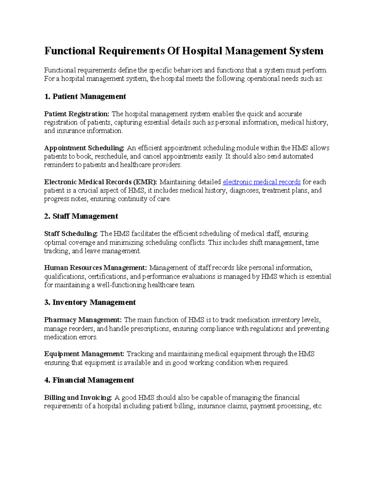 Functional Requirements for Hospital Management System (HMS) - Studocu