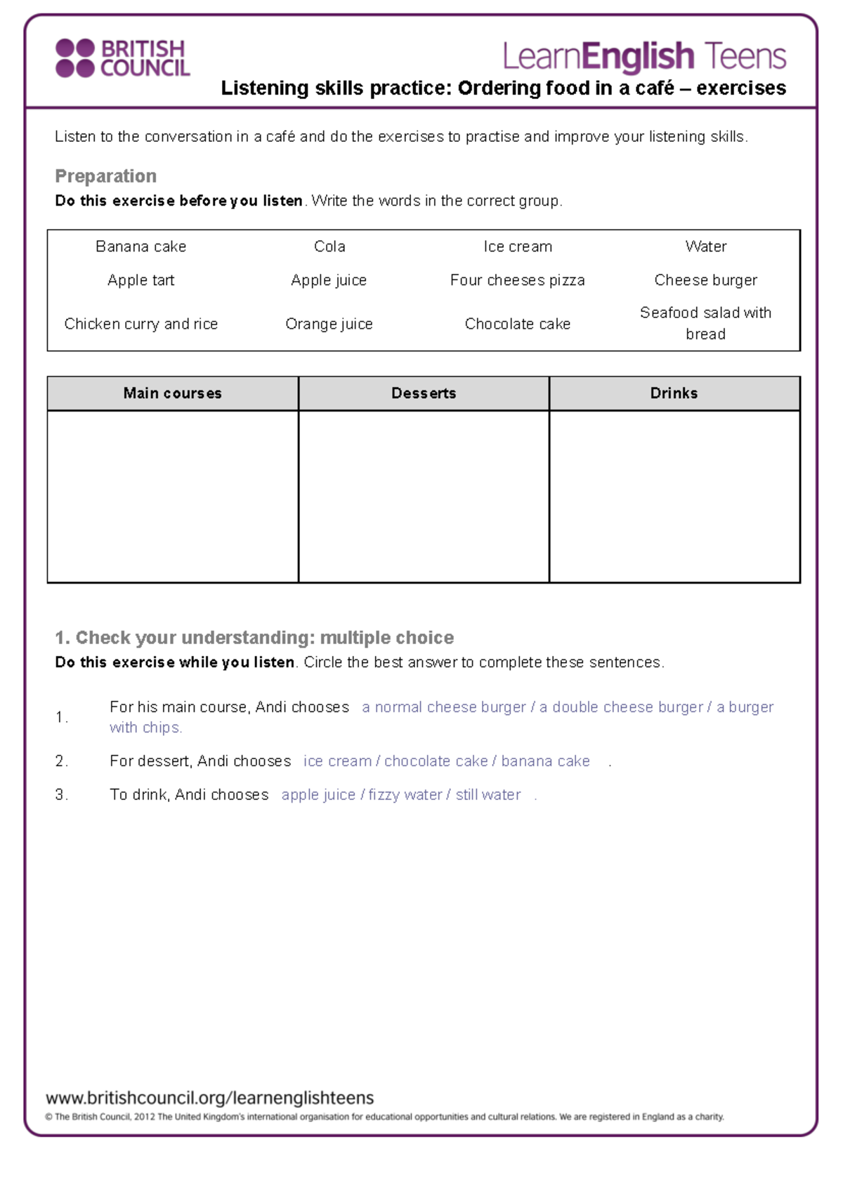 Ordering Food in a Café - Listening Exercises for Practice - Studocu