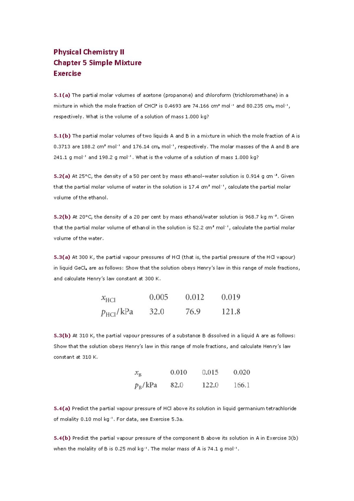 Physical Chemistry II Chapter 5: Simple Mixture Exercises - Studocu