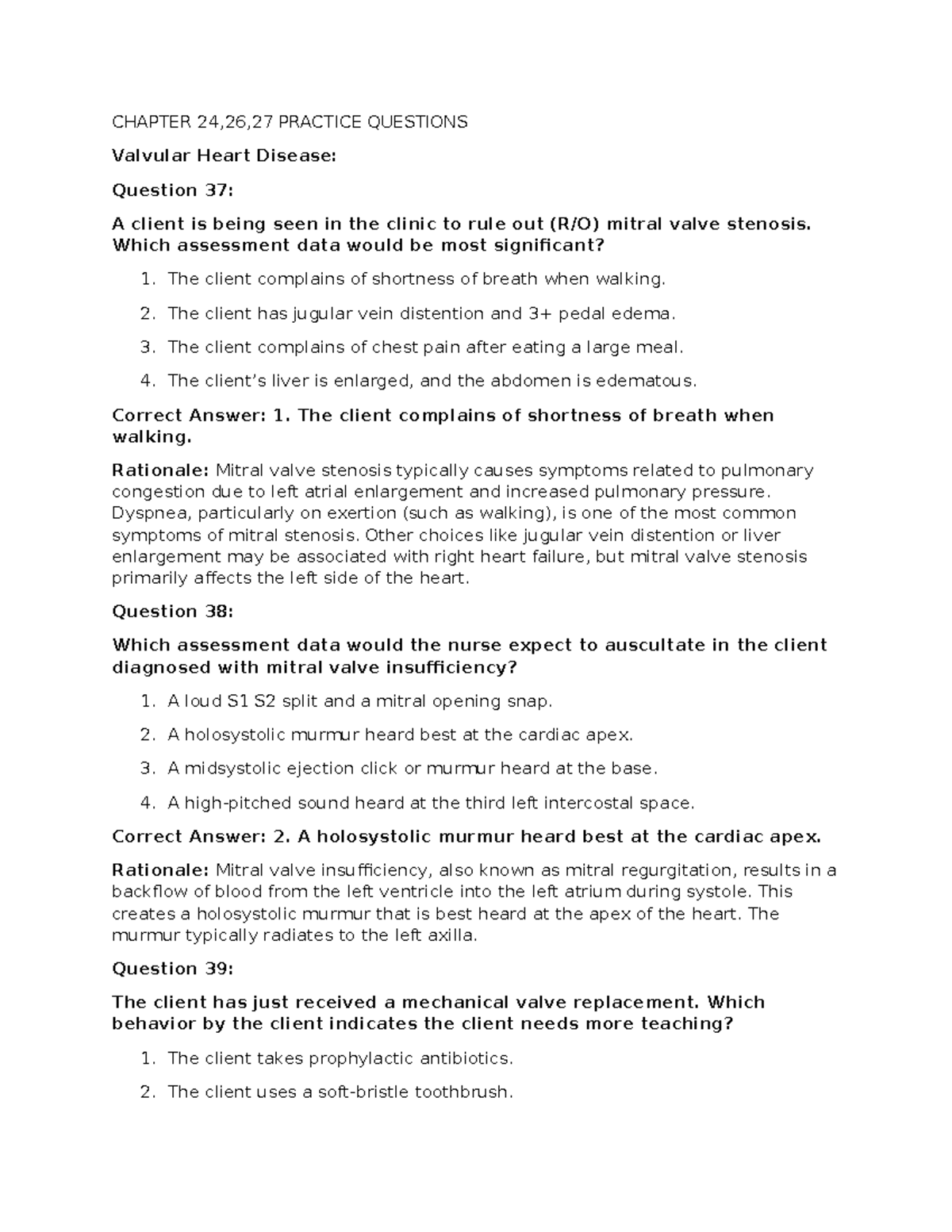 Vascular Exam Practice Questions for Nursing (Chapters 24-27) - Studocu