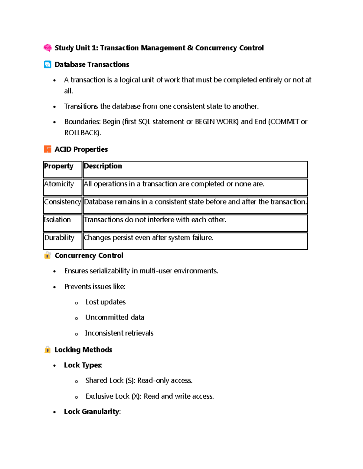 Database Transactions & Concurrency Control: Study Unit 1 (C1) - Studocu