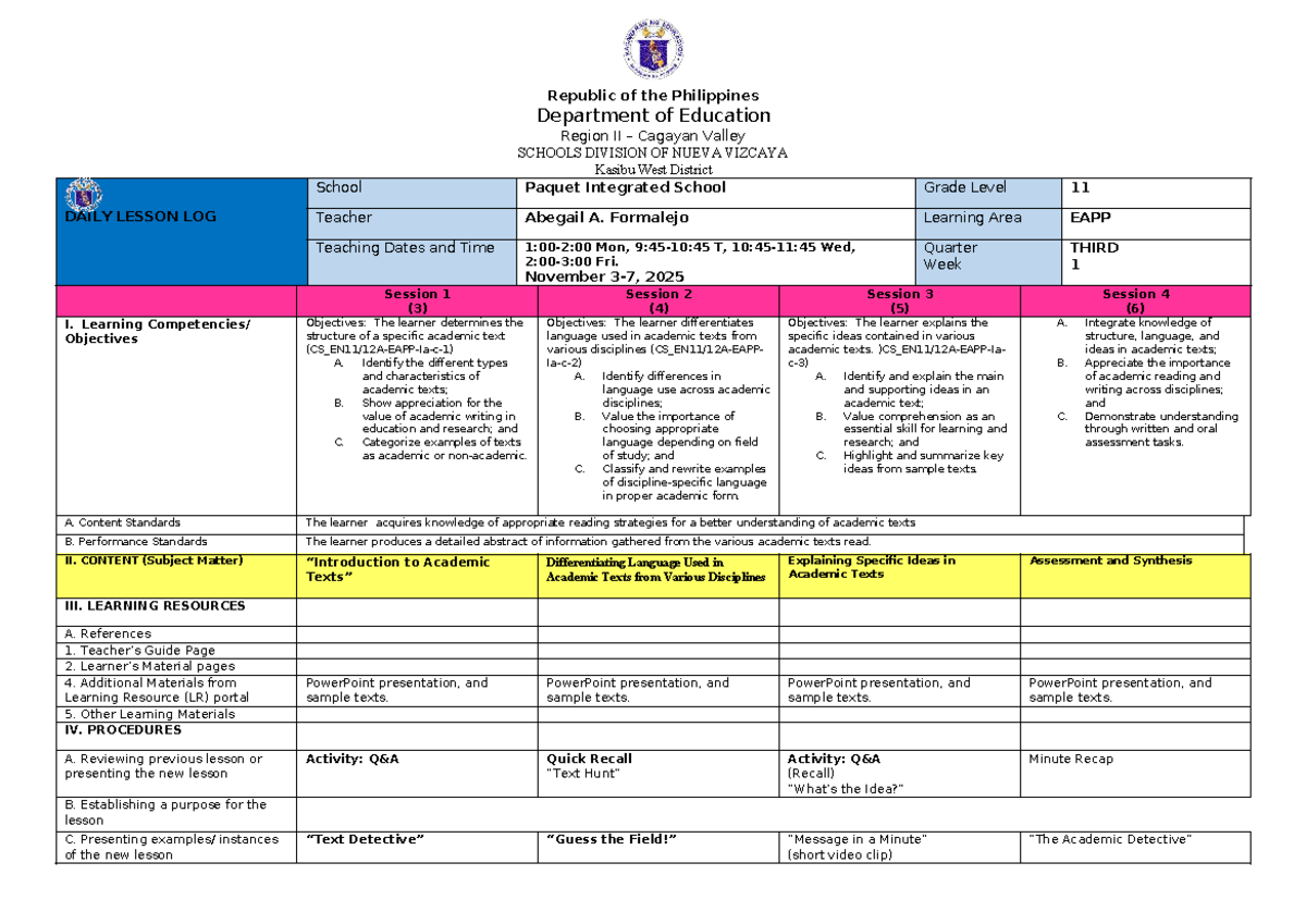 DLL on EAPP 11 Q3 Week 1: Academic Texts & Language Differentiation ...