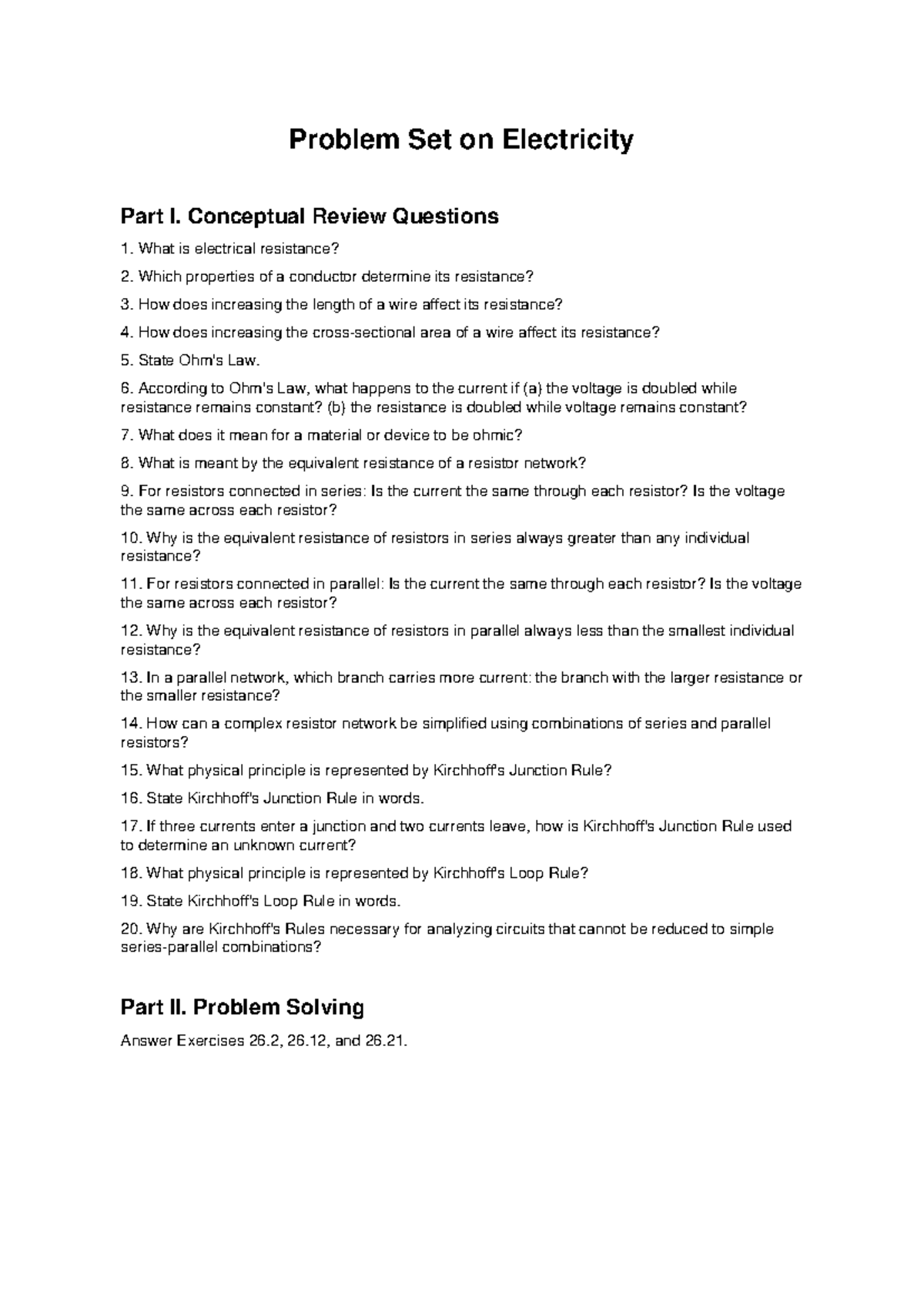 Electricity Problem Set I: Conceptual & Problem Solving Questions - Studocu