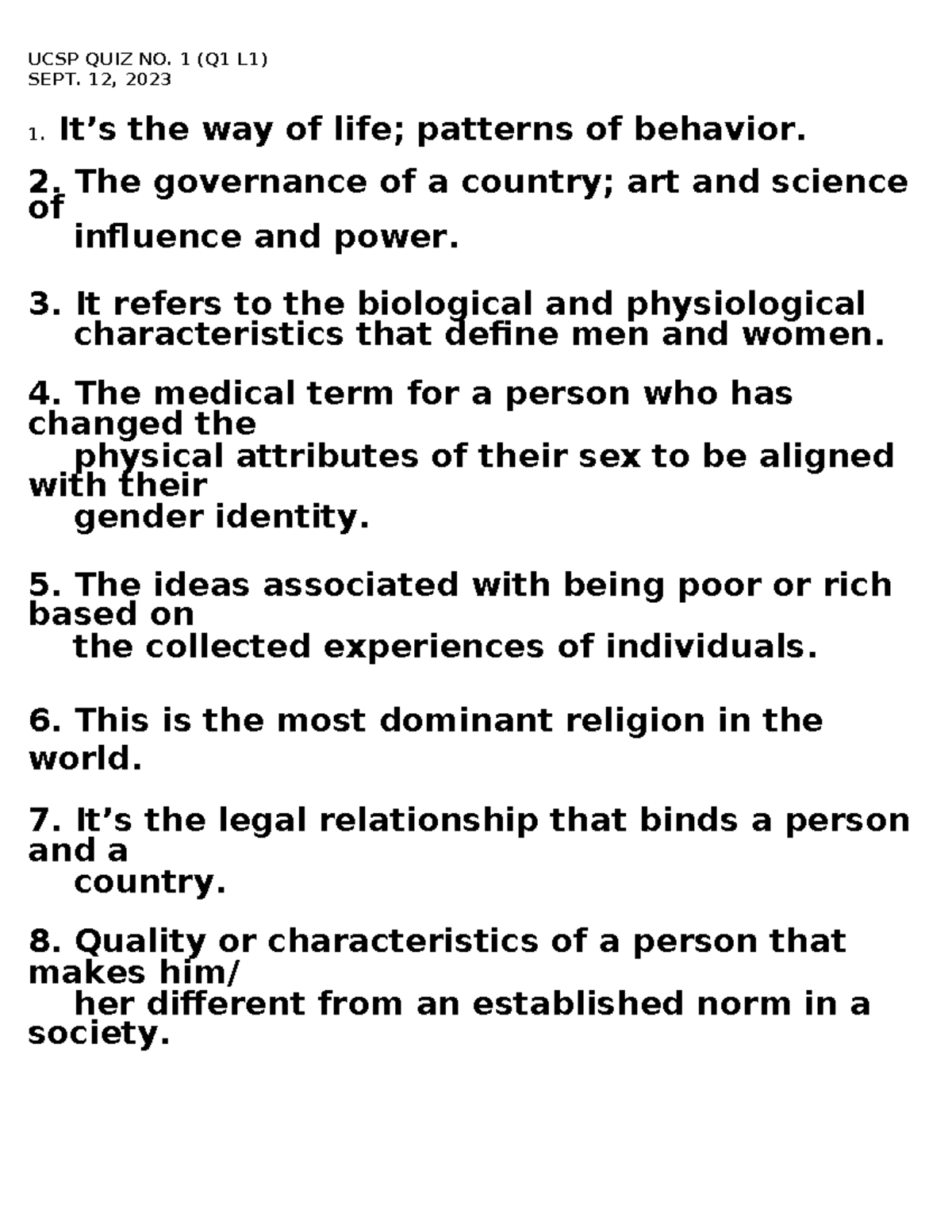 UCSP QUIZ 1 - Understanding, Culture, Society and Politics - UCSP QUIZ ...